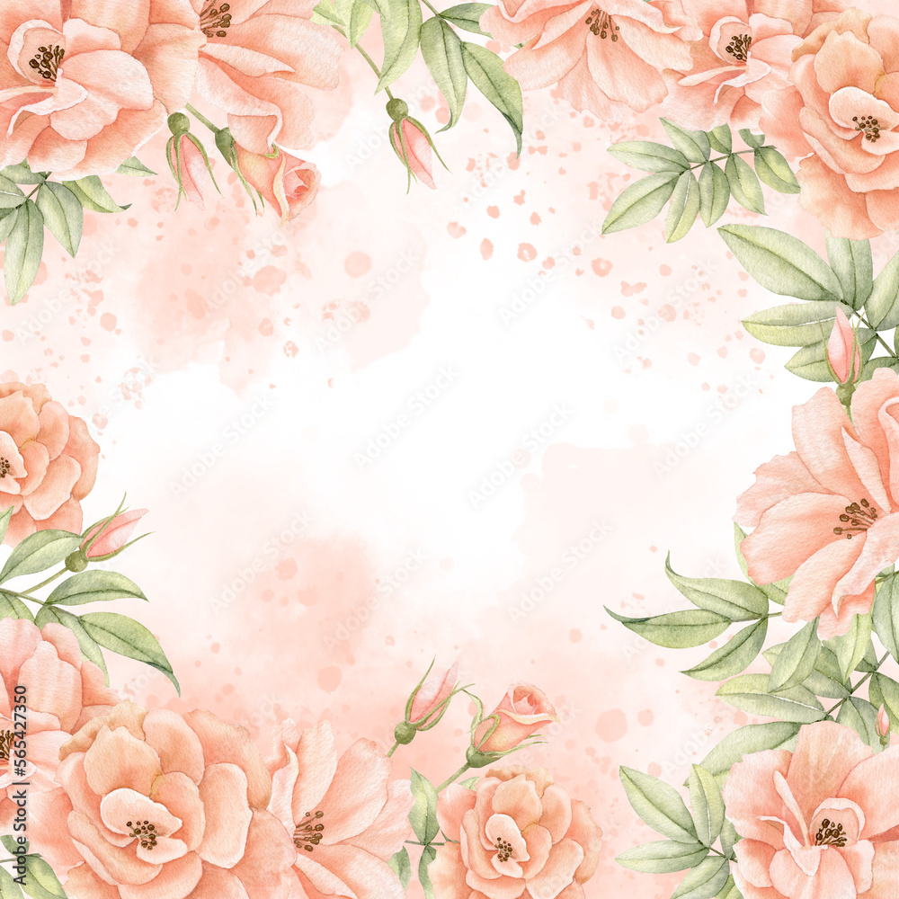 Watercolor Floral Frame with Rose Flowers in peach and pink colors ...