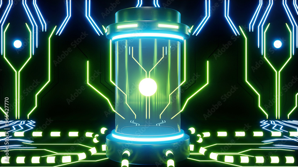 Shining Green Sphere in the Sci Fi Laboratory Cylinder, 3d rendering ...