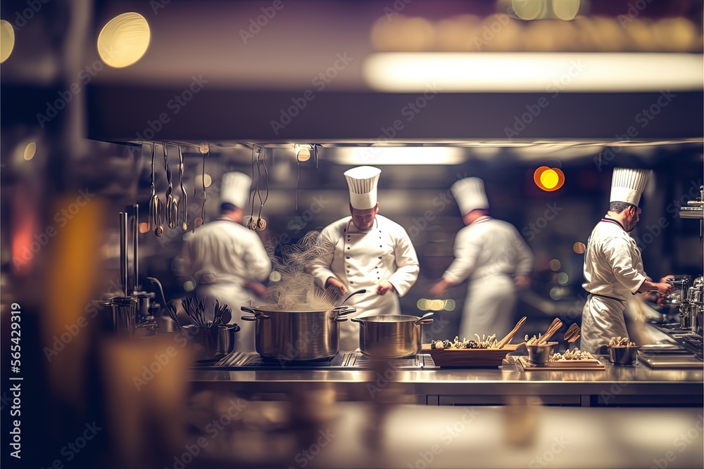 Professional kitchen with chefs cooking, restaurant kitchen with ...