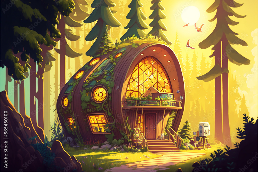 Solarpunk house in forest, cartoon style, futuristic home on the nature ...