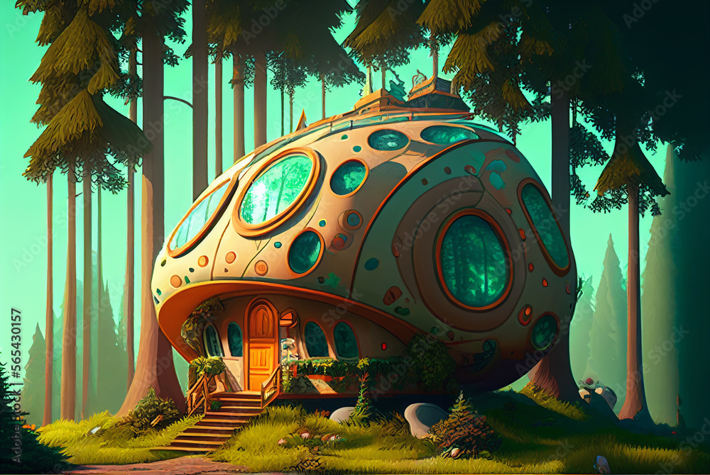 Solarpunk house in forest, cartoon style, futuristic home on the nature ...