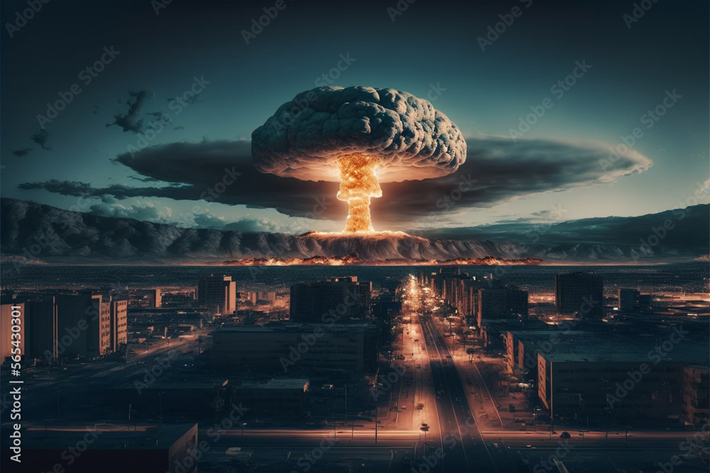 Nuke exploding over a city skyline with Giant Atomic Bomb Mushroom ...