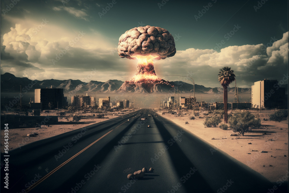 Nuke exploding over a city skyline with Giant Atomic Bomb Mushroom cloud. Nuclear Bomb, Atomic ...