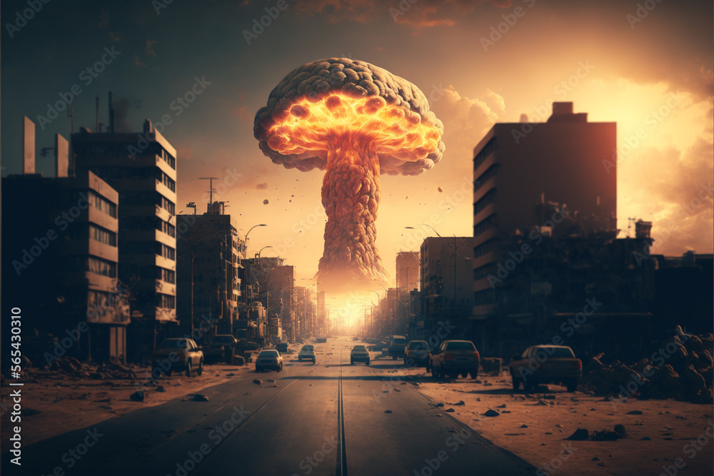 Nuke exploding over a city skyline with Giant Atomic Bomb Mushroom cloud. Nuclear Bomb, Atomic ...