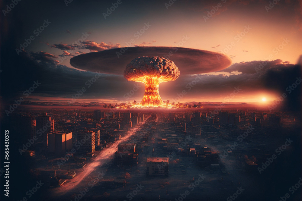 Nuke exploding over a city skyline with Giant Atomic Bomb Mushroom ...