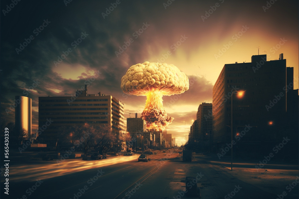 Nuke exploding over a city skyline with Giant Atomic Bomb Mushroom cloud. Nuclear Bomb, Atomic ...