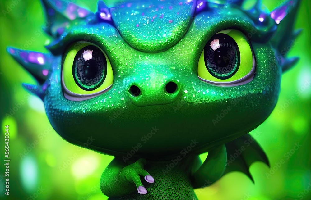 Colorful green baby dragon in a modern 3D animation style. Cute and adorable mythical creature ...