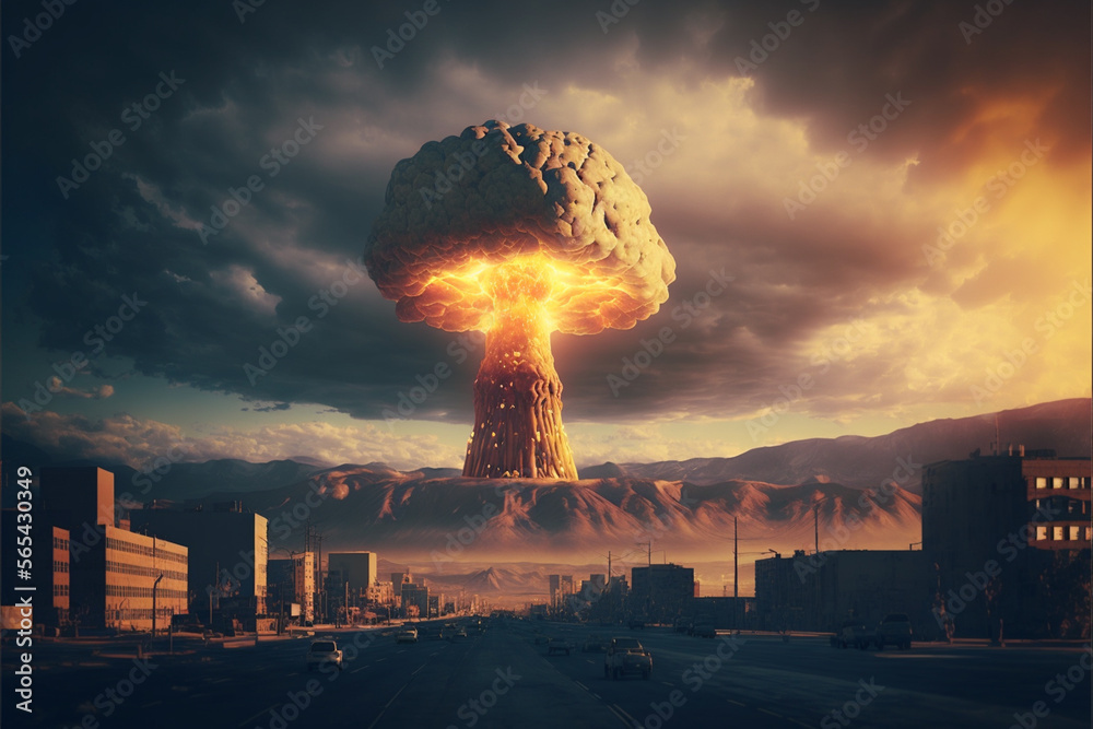 Nuke exploding over a city skyline with Giant Atomic Bomb Mushroom ...