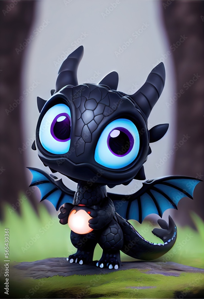 Colorful black baby dragon in a modern 3D animation style. Cute and ...