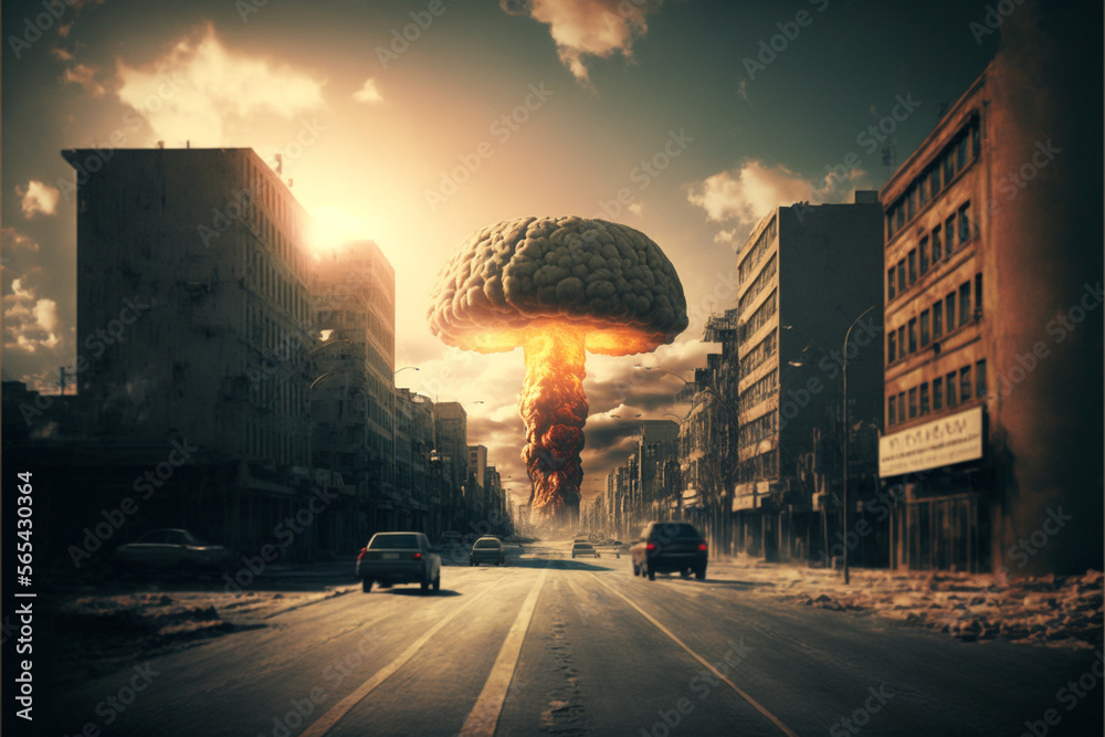 Nuke exploding over a city skyline with Giant Atomic Bomb Mushroom ...
