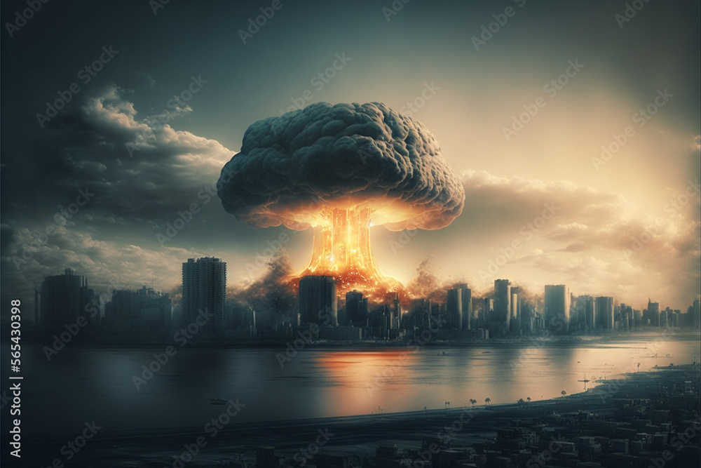 Nuke exploding over a city skyline with Giant Atomic Bomb Mushroom cloud. Nuclear Bomb, Atomic ...