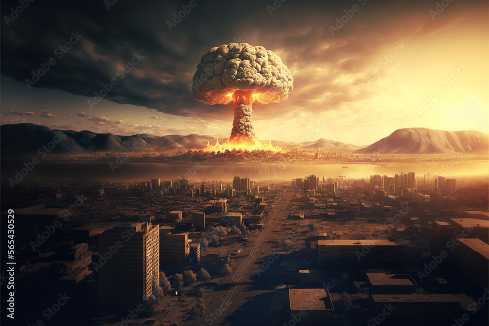 Atomic Bomb over a City with Mushroom cloud in the distance. Giant Nuke ...