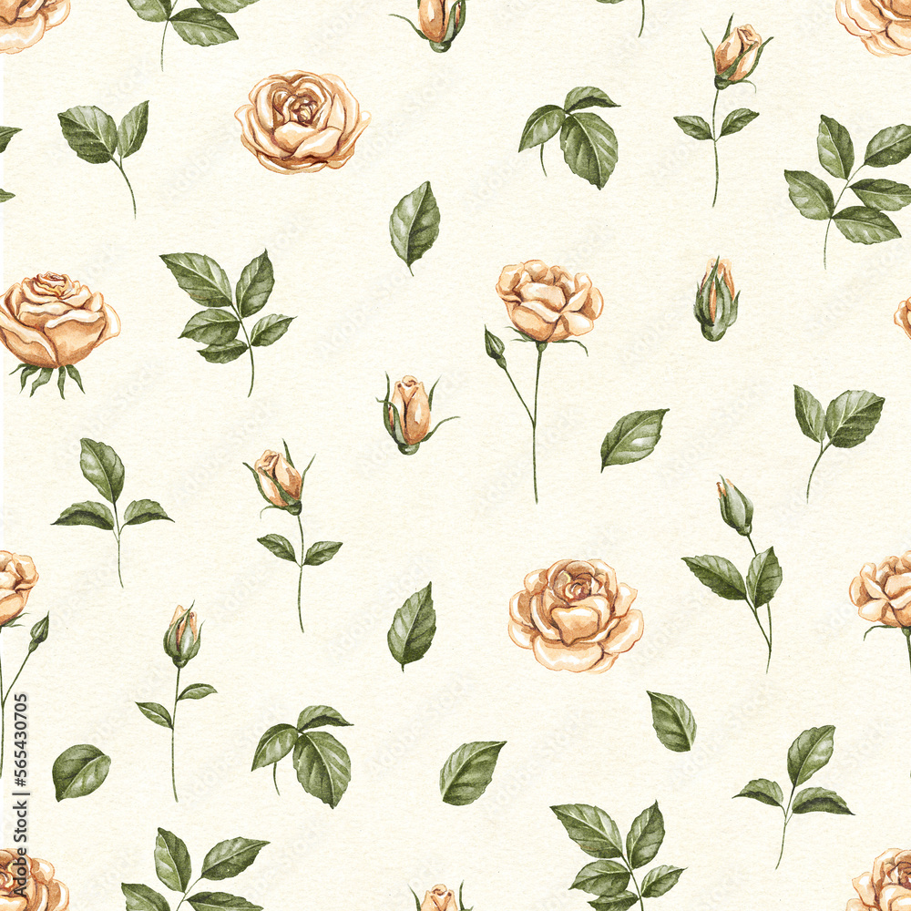Seamless floral pattern with vintage orange flowers roses and leaves ...