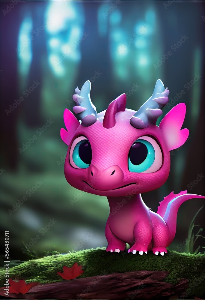 Colorful pink baby dragon in a modern 3D animation style. Cute and adorable mythical creature ...