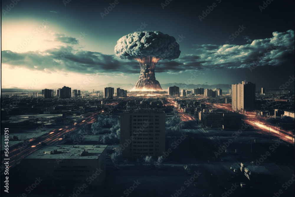 Atomic Bomb over a City with Mushroom cloud in the distance. Giant Nuke ...