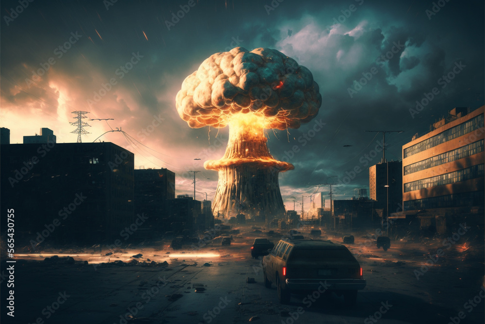 Atomic Bomb over a City with Mushroom cloud in the distance. Giant Nuke ...