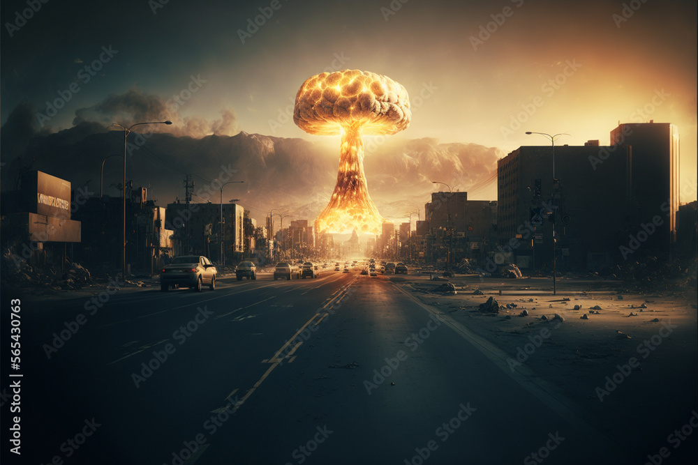 Atomic Bomb over a City with Mushroom cloud in the distance. Giant Nuke Explosion Blast. Nuclear ...