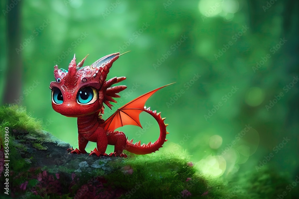 Colorful red baby dragon in a modern 3D animation style. Cute and adorable mythical creature ...