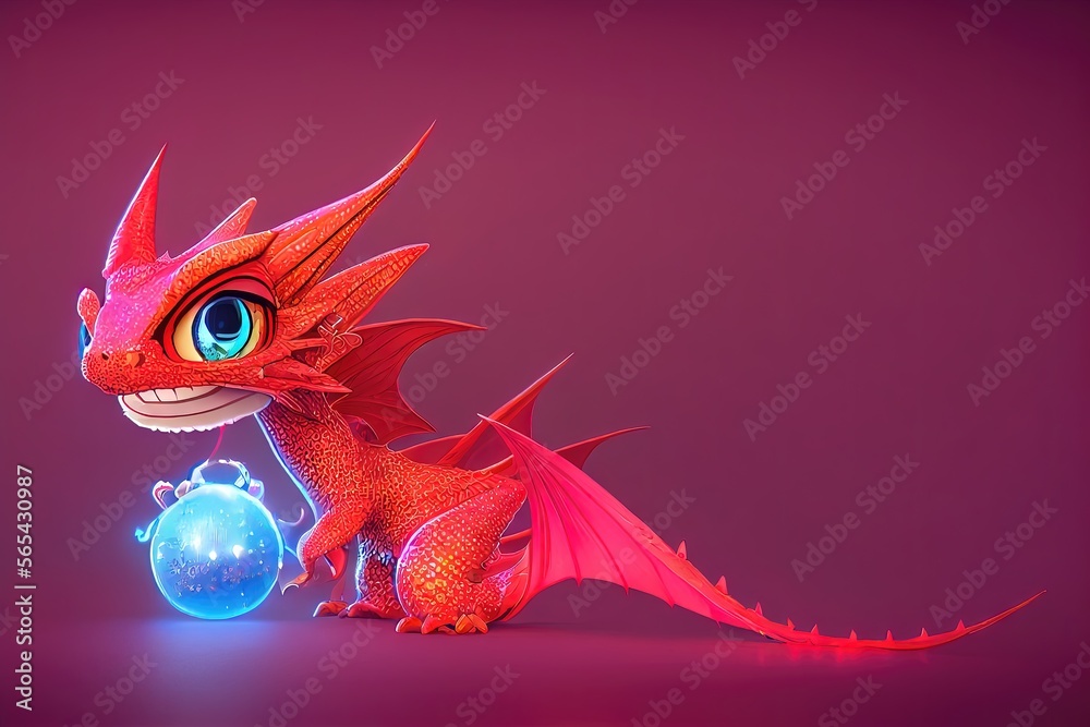 Colorful red baby dragon in a modern 3D animation style. Cute and adorable mythical creature ...