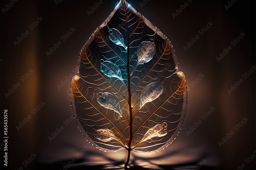 a leaf with a glowing center is shown in the dark light of a mirror ...