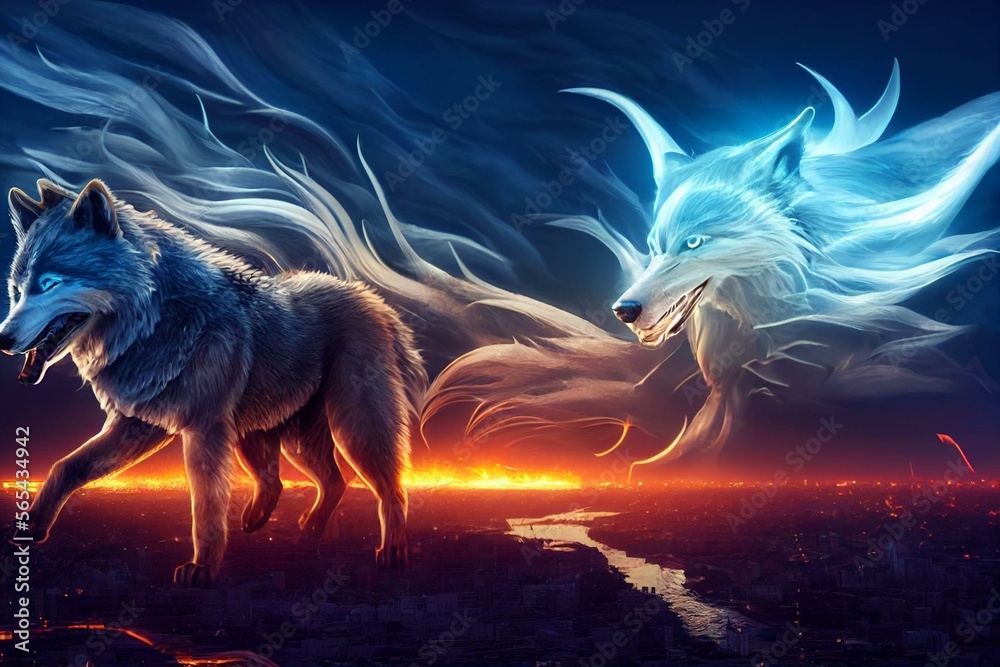 Mystical scandinavian beast wolf Fenrir destroying modern city. Fenrir ...