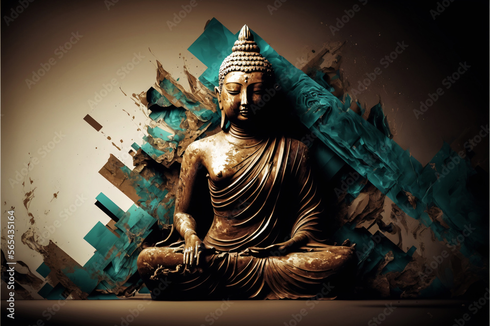 Abstract meditating buddha statue with modern design background ...