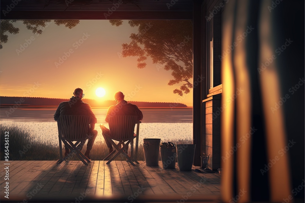 two people sitting on chairs watching the sunset over a lake and a lake ...