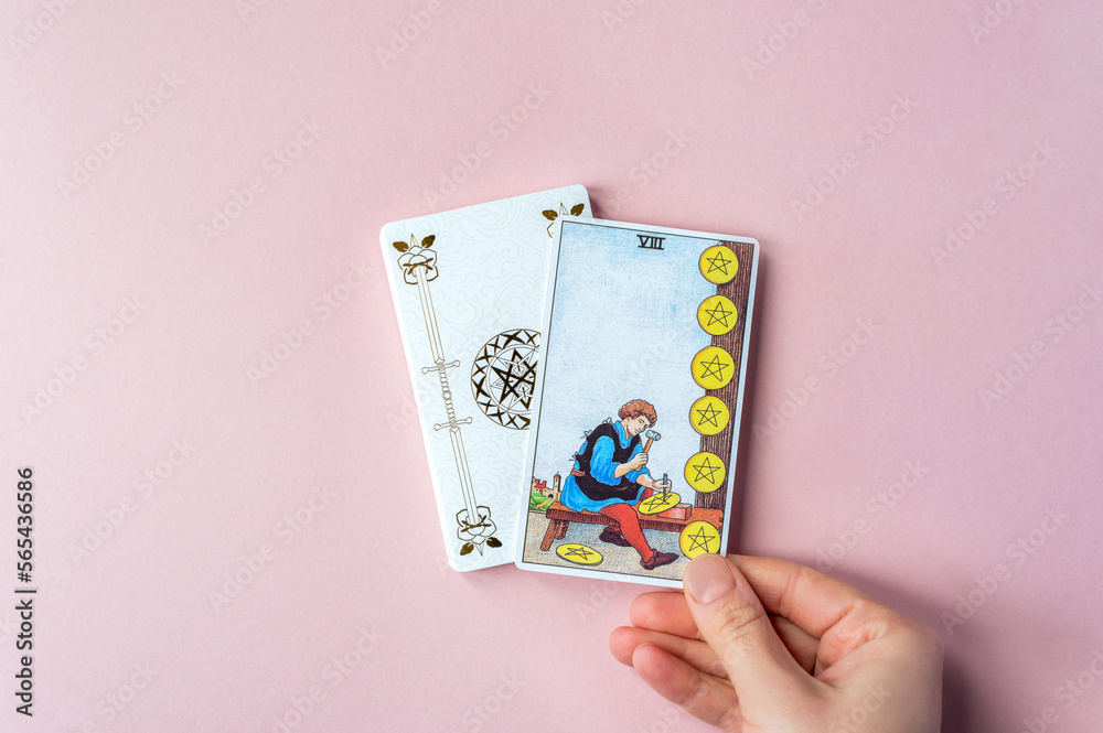 London, UK: 6 January, 2023: Minor Arcana - Eight of Pentacles of Tarot ...