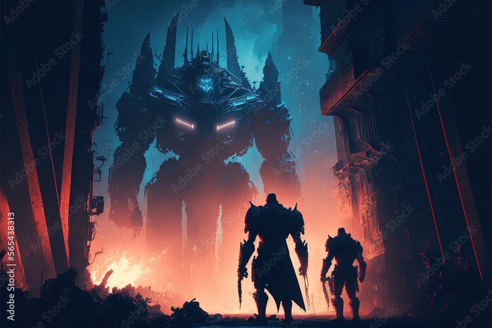 A modern fantasy world with and warrior standing at the entry gate with ...