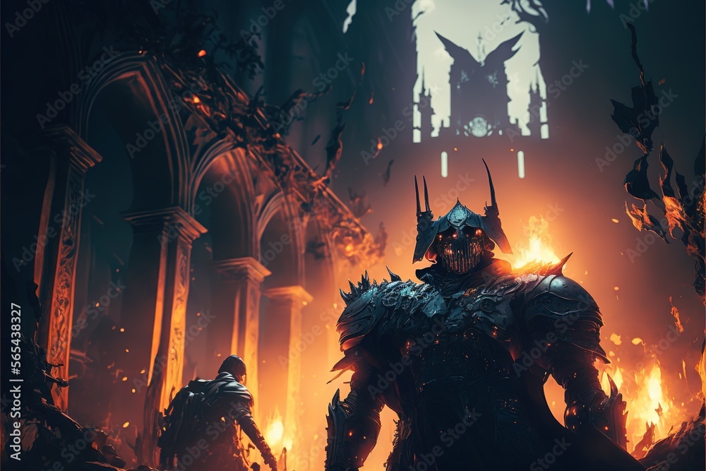 A modern fantasy world with and warrior standing at the entry gate with ...