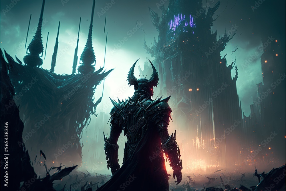 A modern fantasy world with and warrior standing at the entry gate with ...