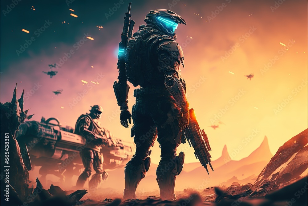 A High Advanced modern soldier in a cyborg suit in an epic war with ...