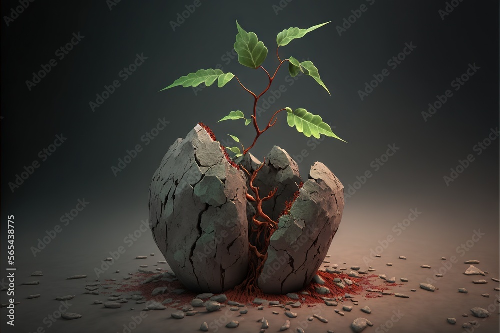 a plant growing out of a crack in a rock wall with a red substance on ...