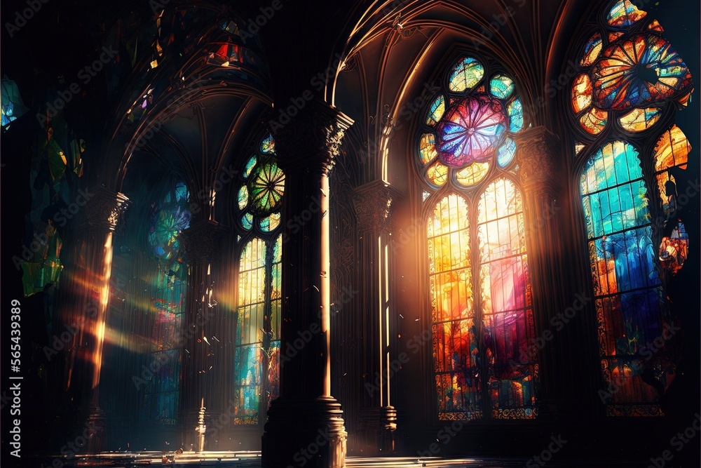 a large cathedral with stained glass windows and a clock tower in the ...