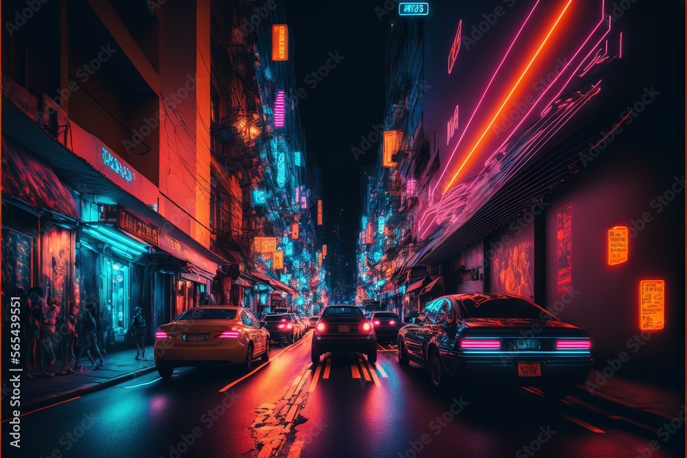 a city street filled with traffic at night with neon lights on ...