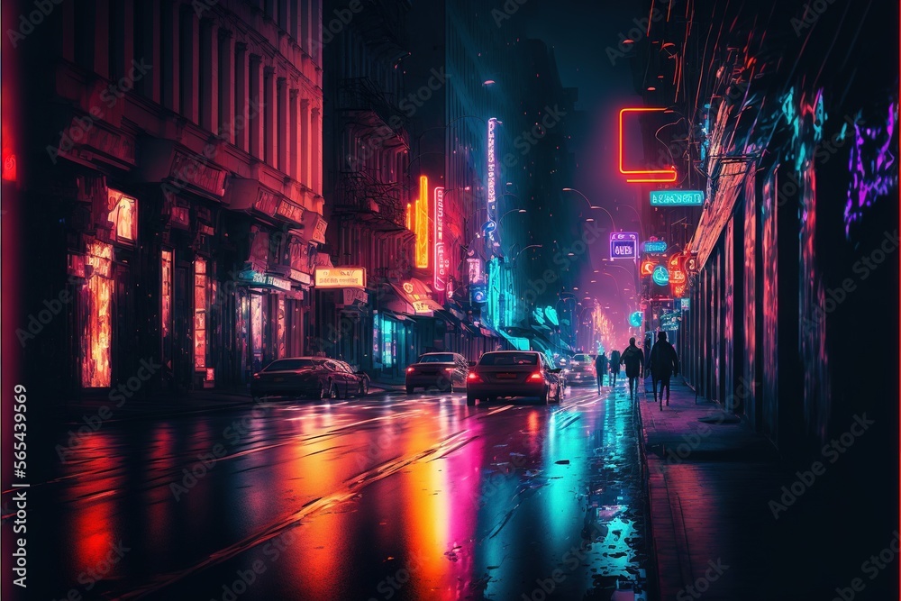 a city street at night with neon lights and a neon sign on the building ...