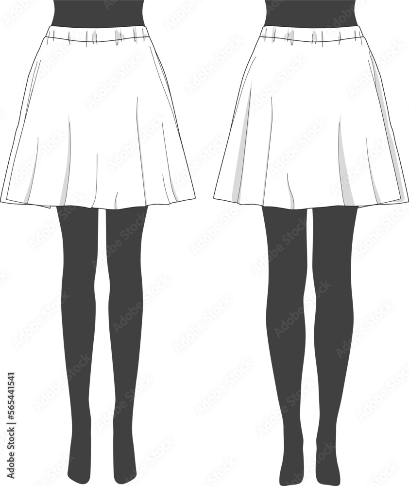 Pleated Skirt Model Sketch Template Womens Wear Technical Mockup Fashion Illustration Stock