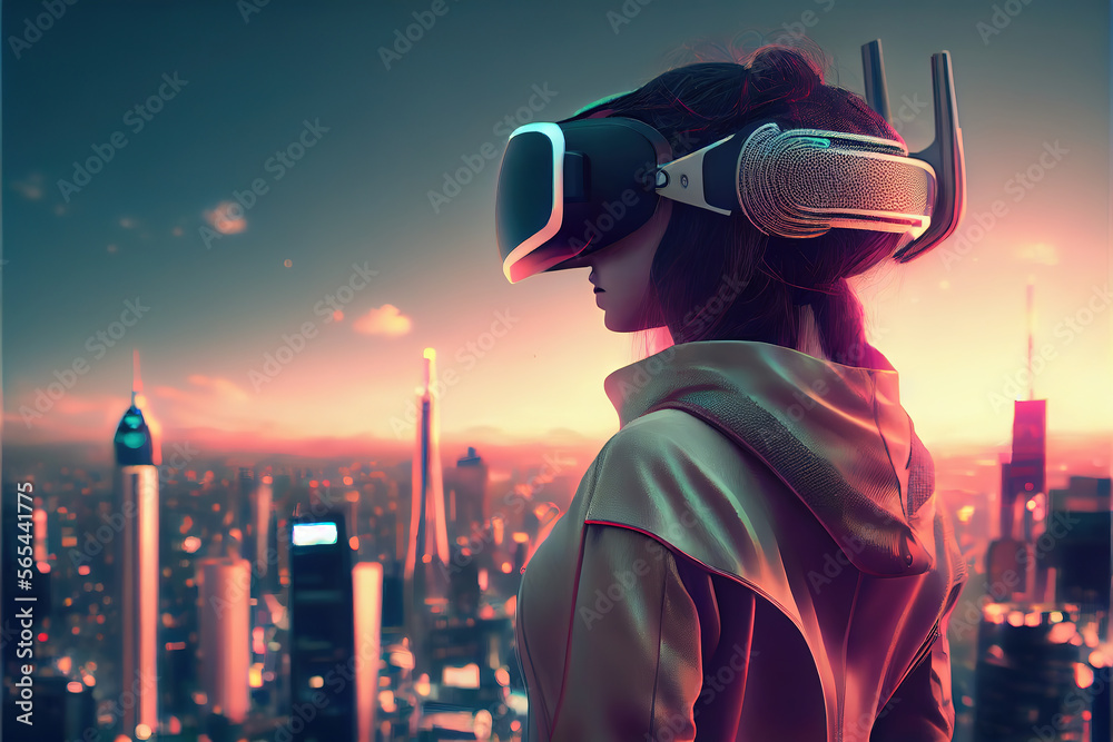 Girl and Metaverse, Child with VR headset in fantasy world, cyber world ...