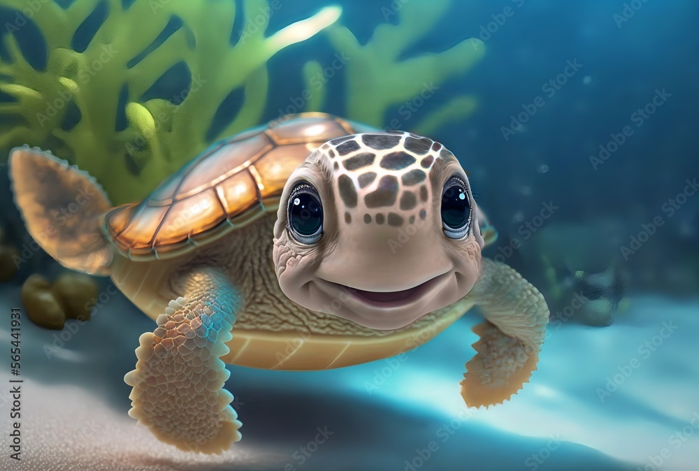 Smiling cartoon baby turtle with big eyes close-up on a background of ...