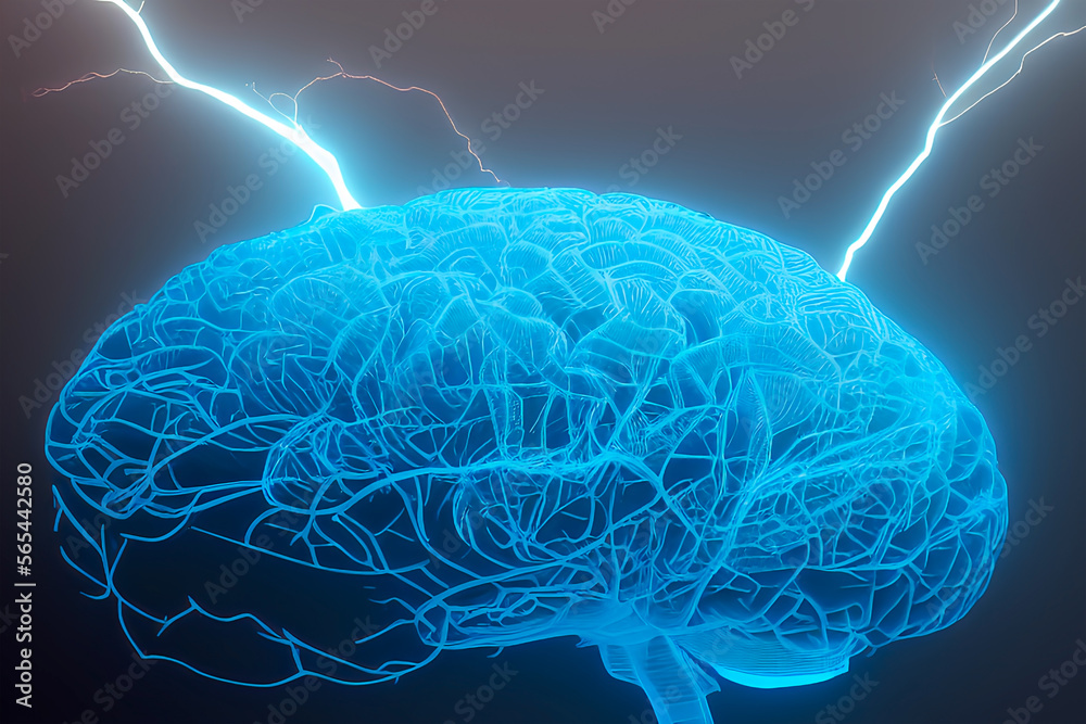 Abstract human brain neural net and lightnings hitting it. Generative ...