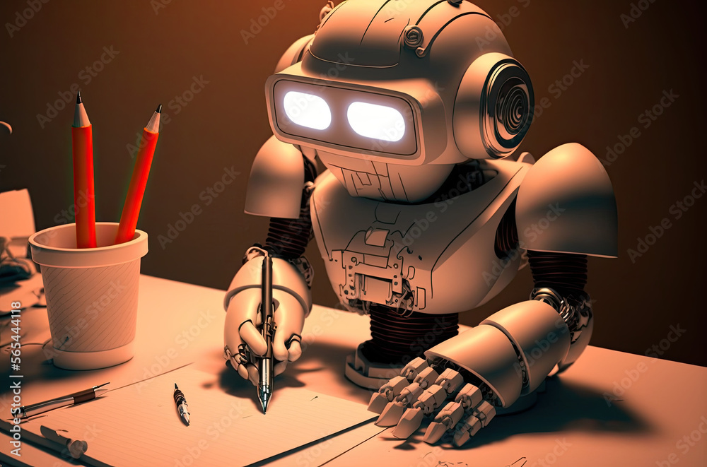 Concept of a robot replacing humans at work, robot writing, AI generative art, ChatGPT ...