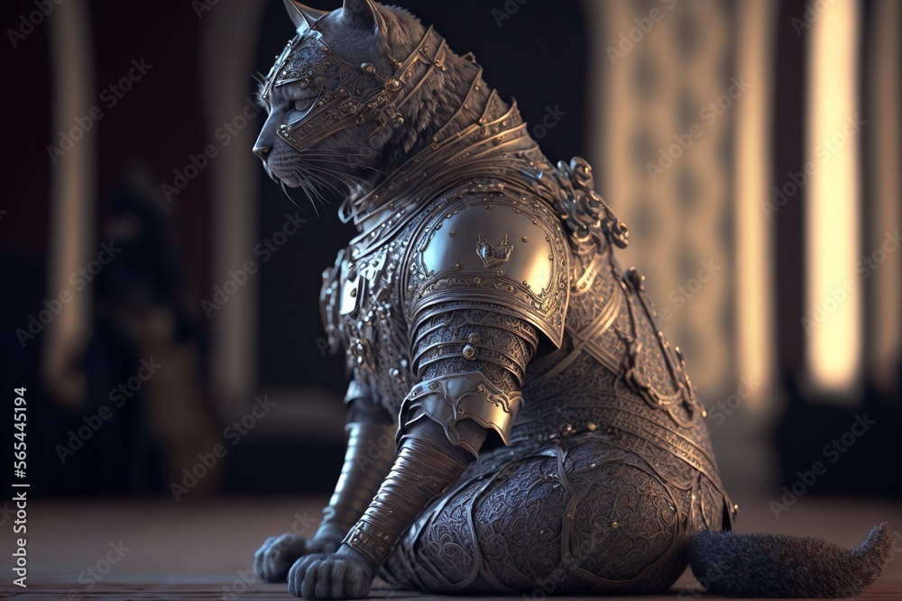 portrait of the cat soldier sitting and wearing armor, very serious ...