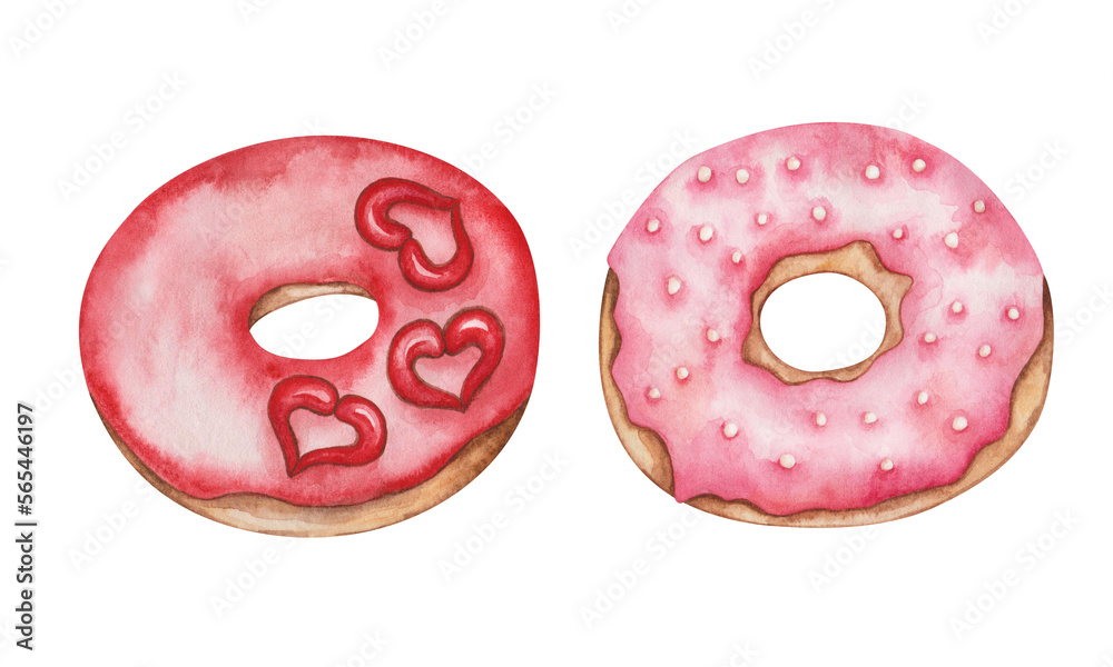 Watercolor illustration. Hand painted red and pink donut with icing ...