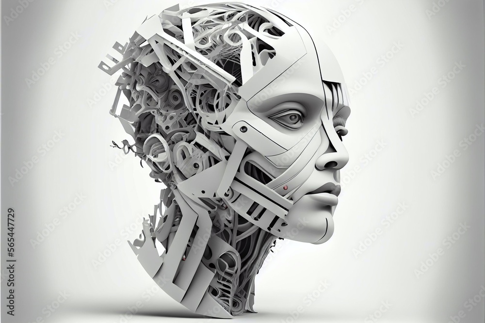 Cyborg face in the making, on white background - Generated by ...