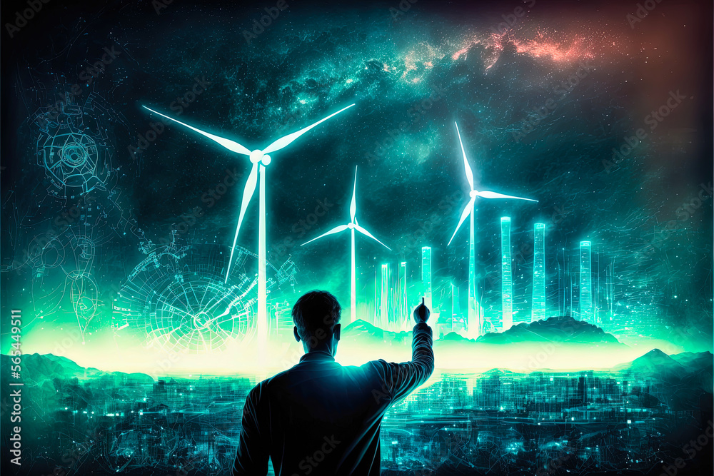 Human silhouette in front of a digital screen projecting a ...