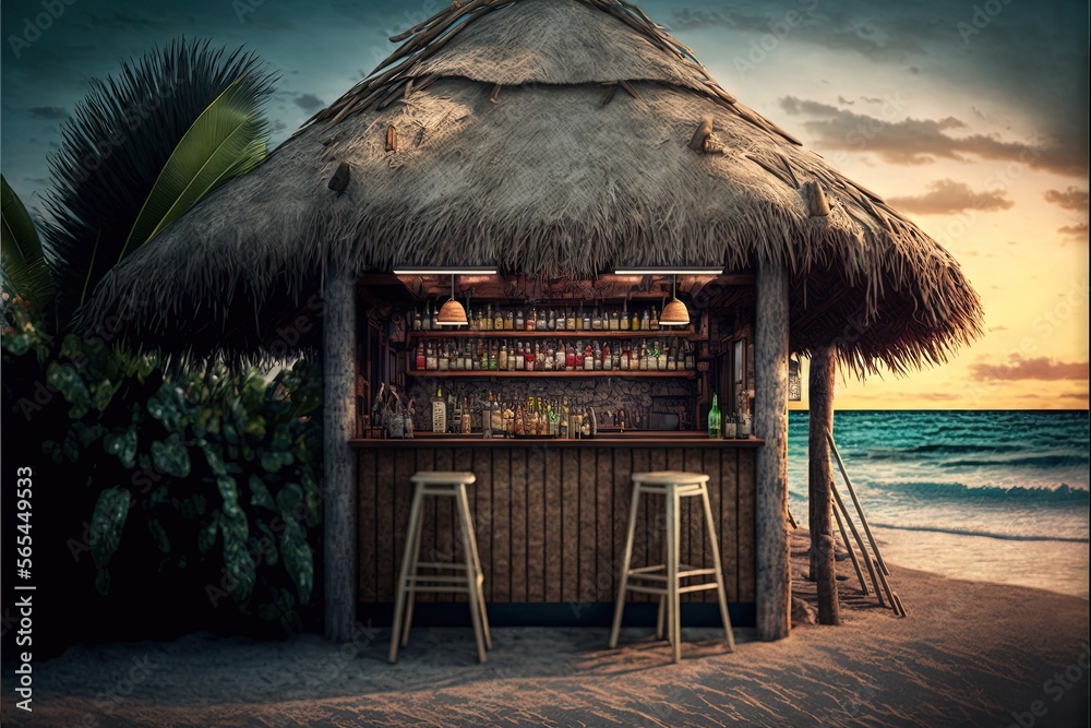 a bar on the beach with a tiki bar and two stools in front of it and a ...