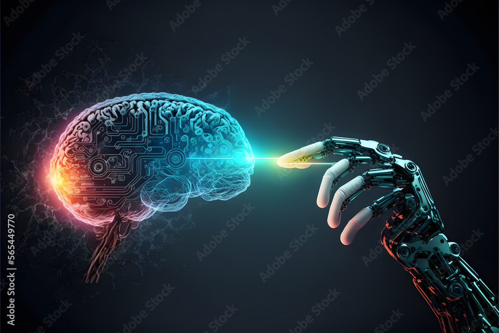 Fusion between Technology and Humanity Concept. Robot Hand touching ...