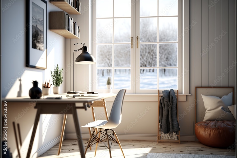 Scandinavian style interior study room with a natural wood desk, a ...