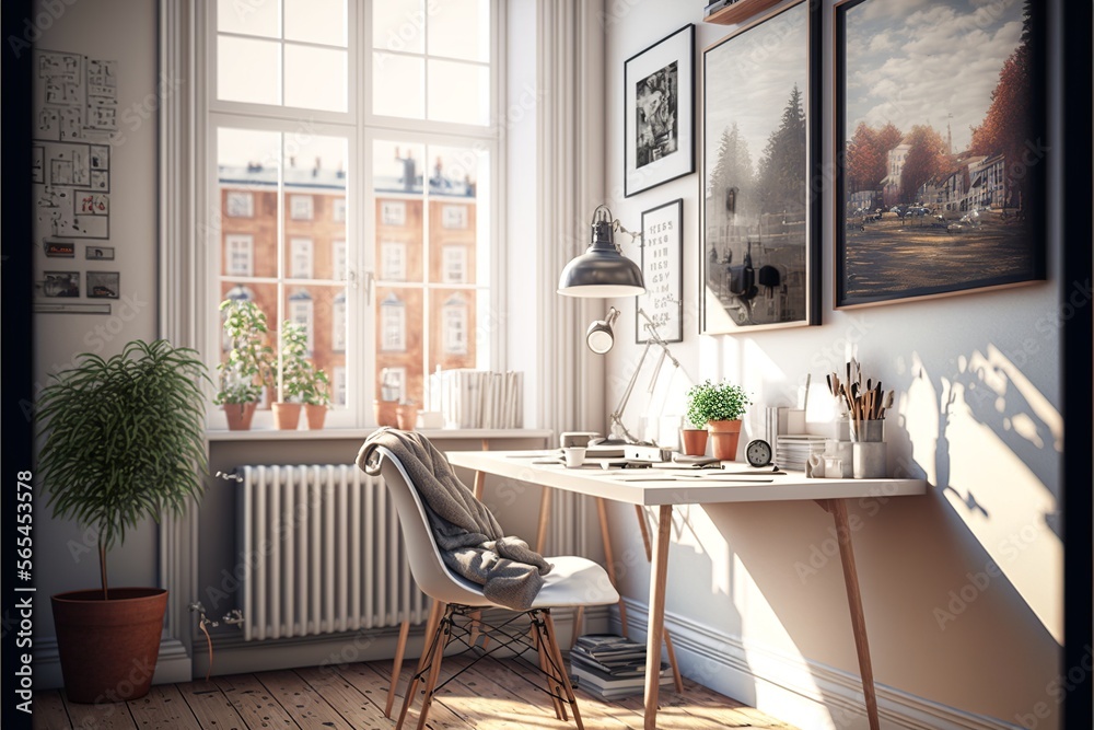 Scandinavian style interior study room with a natural wood desk, a ...