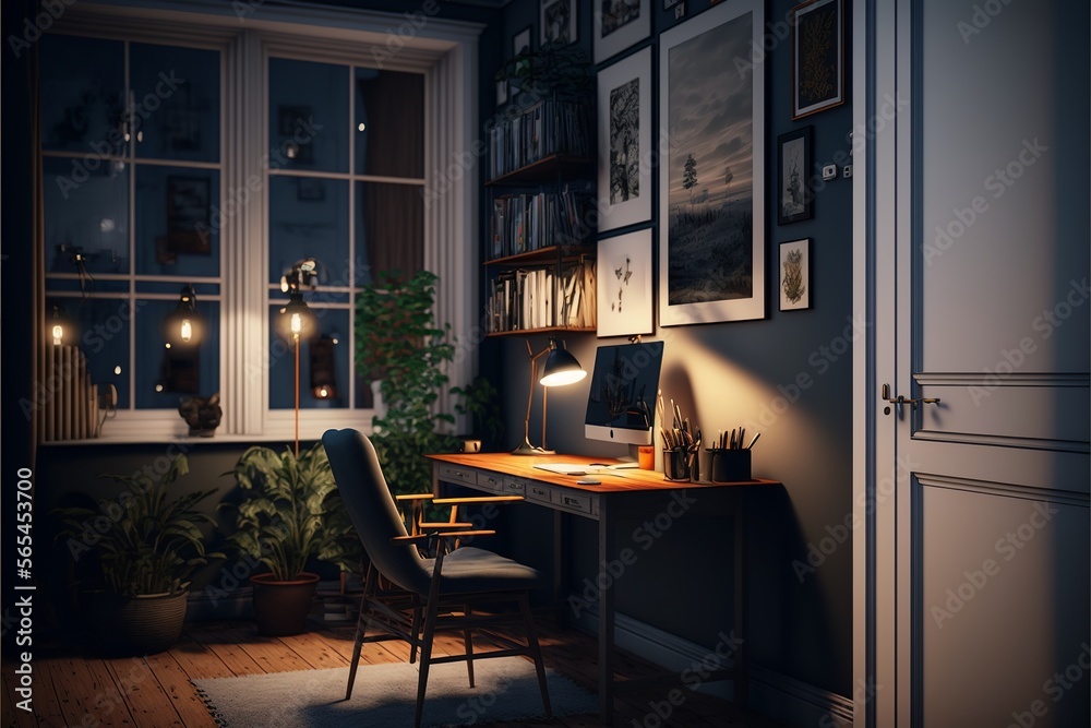 Scandinavian style interior study room with window at night with ...